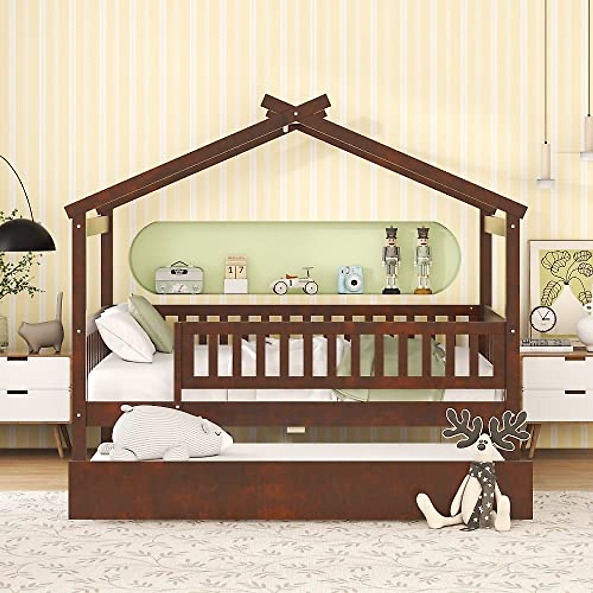 DHHU Daybed with Trundle, Full Size Wooden House Bed with Twin Size Trundle Bed, Wood Bed Frame with Roof and Safety Guardrail for Kids, Teens, Boys or Girls, No Box Spring Required