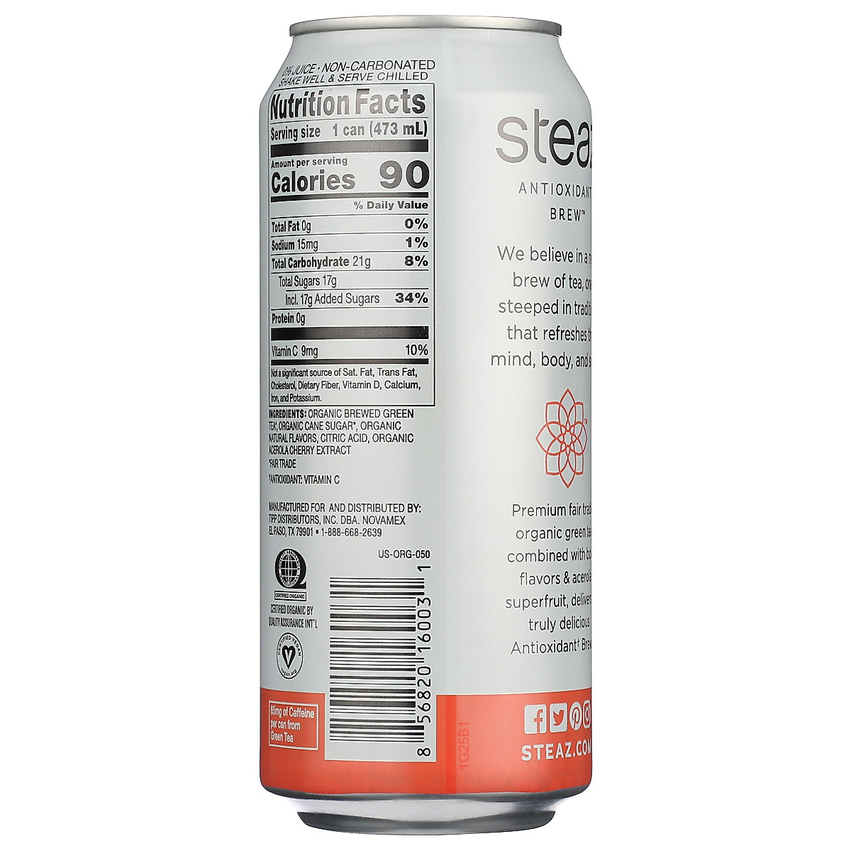 Steaz Organic Iced Green Tea, Peach, 16 oz