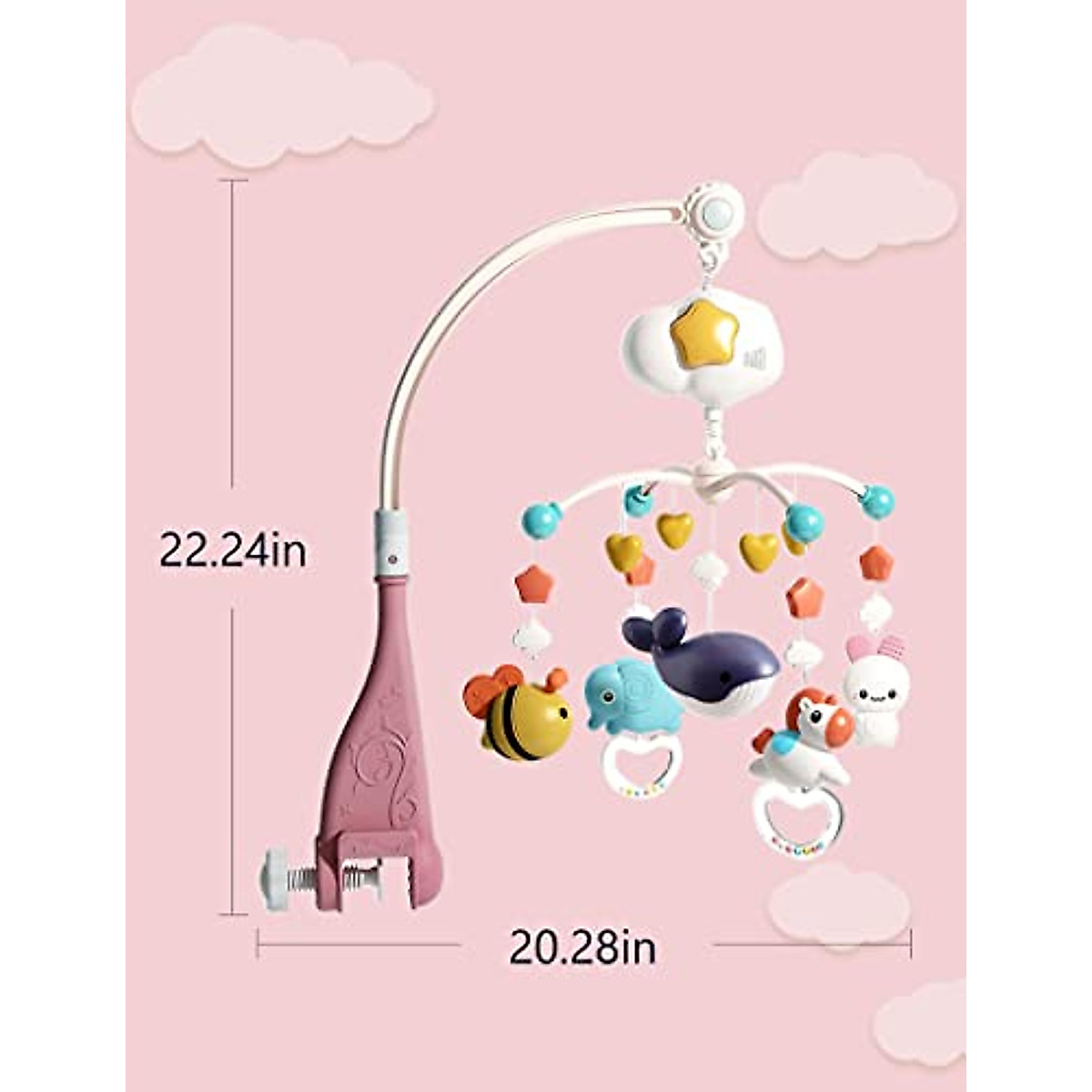 BSROLUNA Baby Crib Mobile with Music and Lights, Baby Mobile for Crib with Animals Projection, Hanging Rotating Animals Rattles, 19 Songs and lullabies, Cartoon Baby Crib Toys for Girls (Baby Pink)