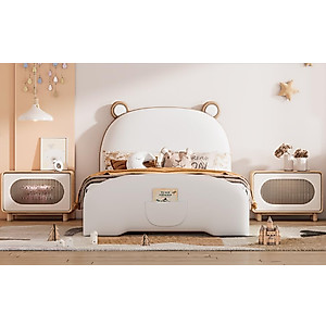 Twin Size Upholstered Platform Bed with Bear-Shaped Headboard and Footboard,Pu Leather Upholstered Platform Bed Frame,Wooden Slats Support, for Kids Teens Boys Girls (White-3)