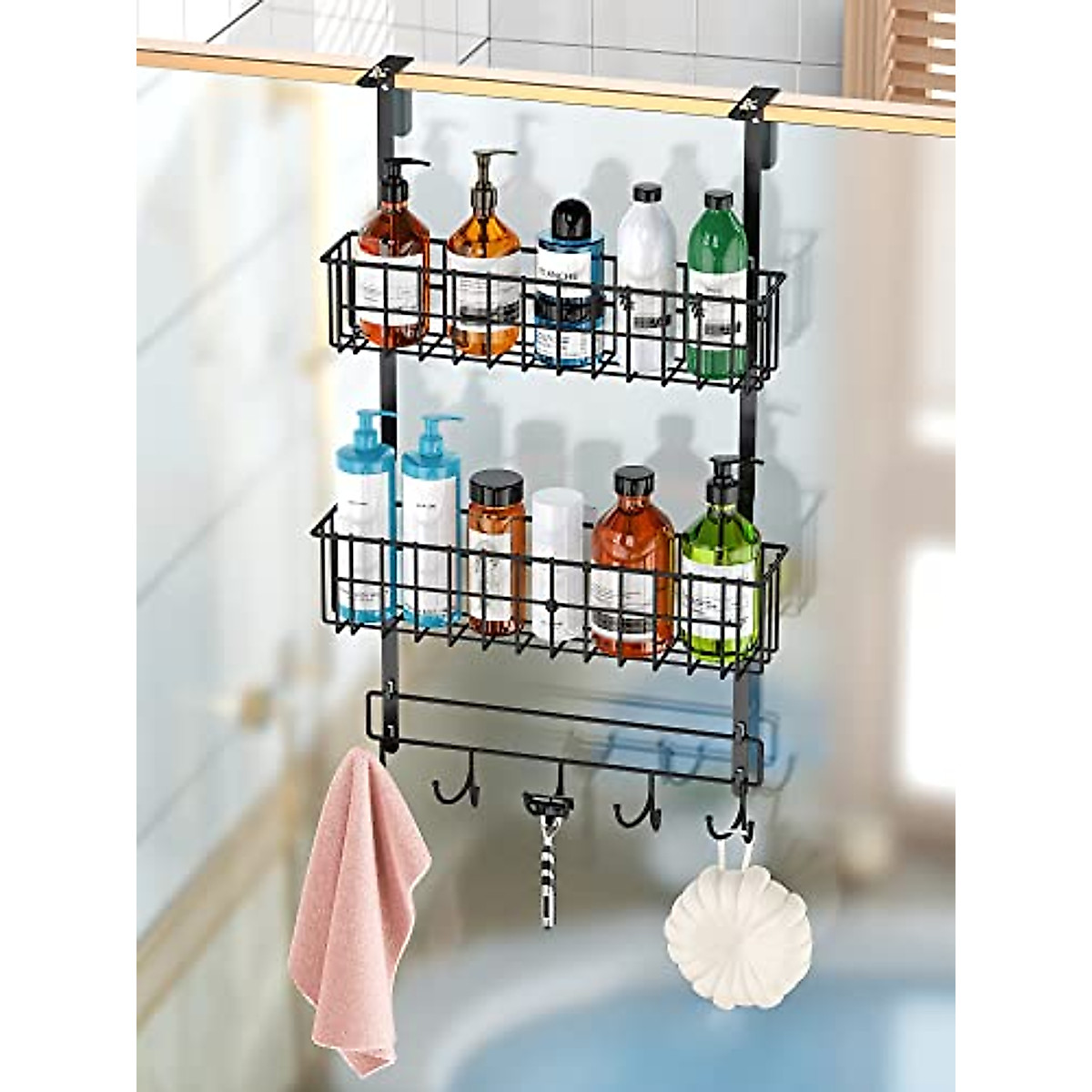 SMARTAKE Shower Caddy Over The Door, Bathroom Shelf with 10 Hooks, Fast-Draining Over Door Bathroom Organizer, Hanging Storage Rustproof for Dorm, Toilet, Bath and Kitchen (Black)