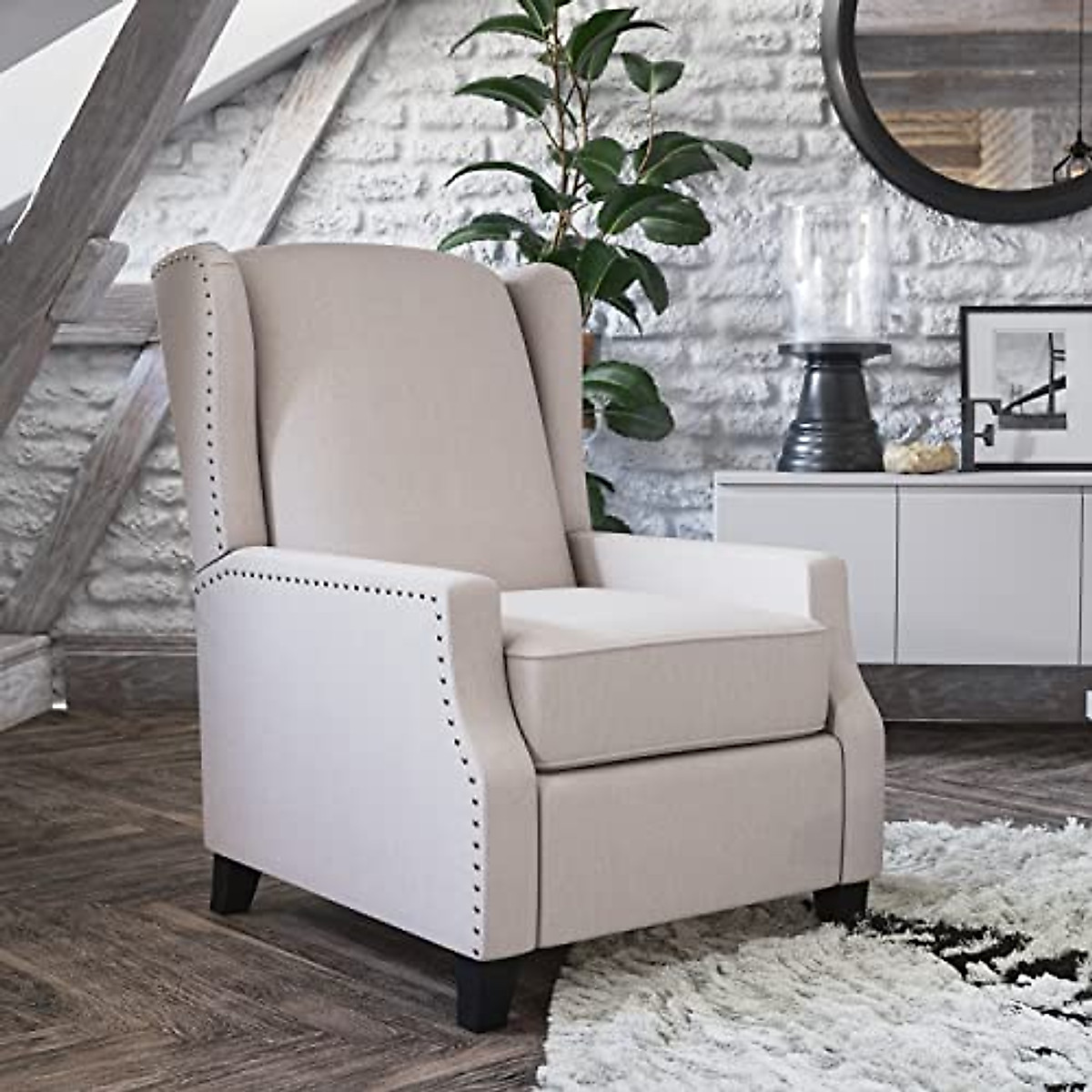 Flash Furniture Prescott Polyester Fabric Upholstered Slim Wingback Recliner, Modern Pushback Recliner Chair with Pocket Spring Seat, Cream
