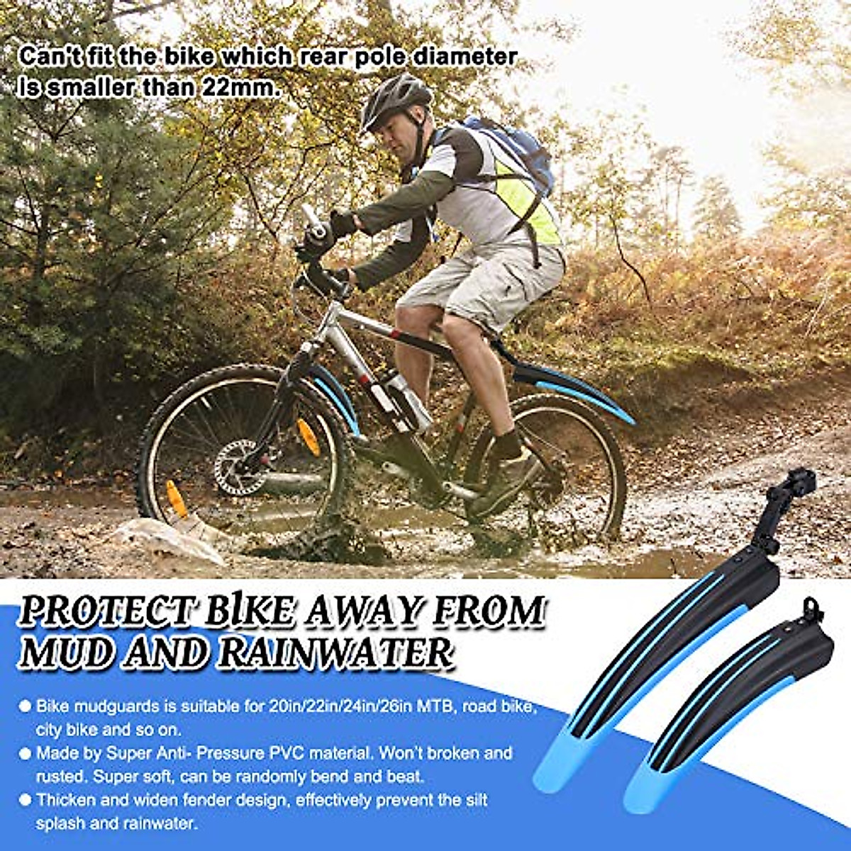 TAGVO Bike Fender Set, 2 Parts-Universal Full Cover Thicken Widen Bicycle Mudguard Set Mountain Bike Front and Rear Mud Guard Portable Adjustable Bike Fender Mudflap for MTB Mountain Road Bike
