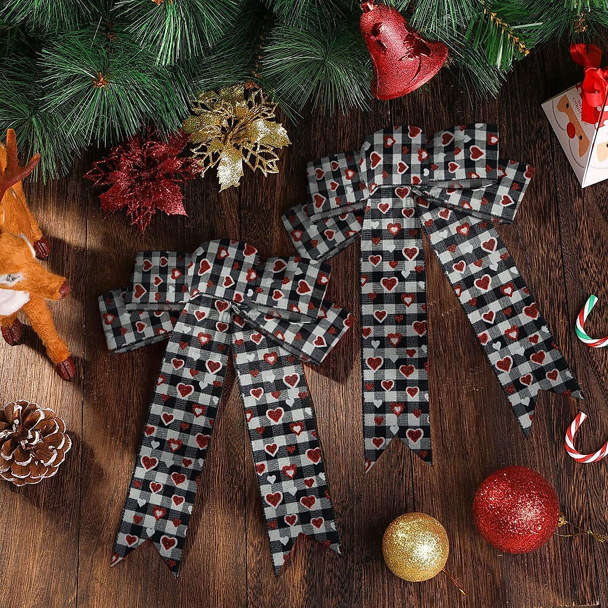 LANGFON Valentine's Day Fabric Ribbons 10 Yards, Valentine Heart Black White Buffalo Plaid Edge Wired Ribbon Gift Wrapping Wedding Party Decoration Tree Craft Supplies - 2.5 Inch x 10 Yards x 1 Roll