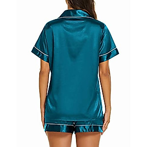 VickyBelle Womens Silk Satin Pajamas Set Two-piece Pj Sets Sleepwear Loungewear Button-Down Pj Sets(XL, Green)