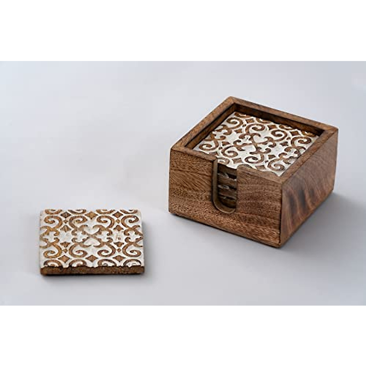 FIGTREE - Set of 6 Wooden Coasters for Drinks Absorbent with Holder, Coasters for Coffee Table Protection, Coffee Table Decor, Perfect House Warming Gift, Swirl