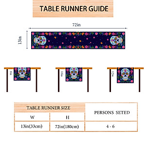 Linen Dia De Los Muertos Table Runner 72 Inches Long Day of The Dead Tablecloth Mexican Fiesta Themed Party Decorations and Supplies for Home Kitchen Dining Room Table