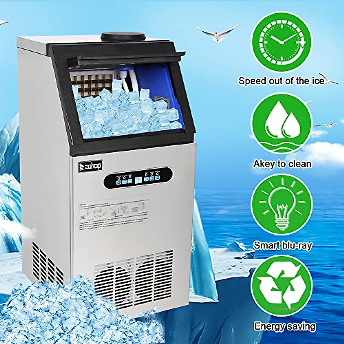 JMPTUFMT ZOKOP ZK-150 120V 495W 150lbs/68kg/24h Ice Maker Stainless Steel Transparent Frosted Lid/Display/5 * 9 Aluminum Ice Tray Commercial Silver