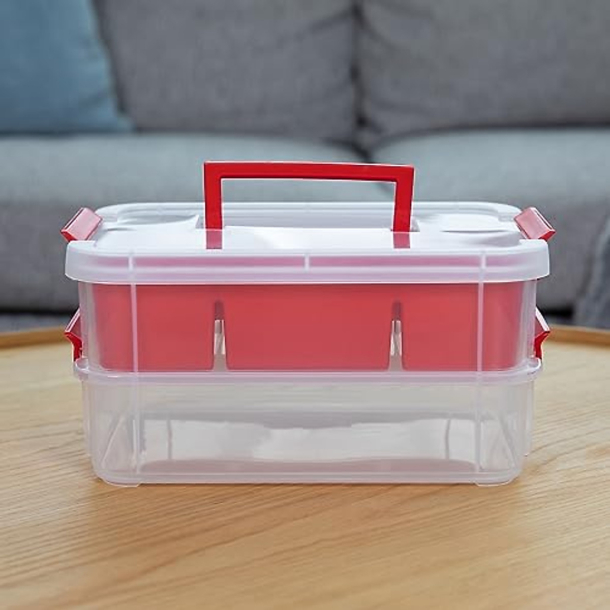 Bins & Things 2 Trays Stackable Storage Organizers Container with Compartments - Arts and Crafts Supply Box - Bead Plastic Organizer - Embroidery Thread Organizing Box - Multi-Divided Holder, Red