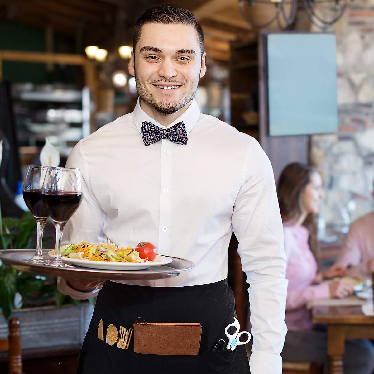 Black Waist Aprons 3 Pockets Waiter Waitress Server Short Aprons Water Oil Resistant Waist Aprons for Women Men (18 Pieces)