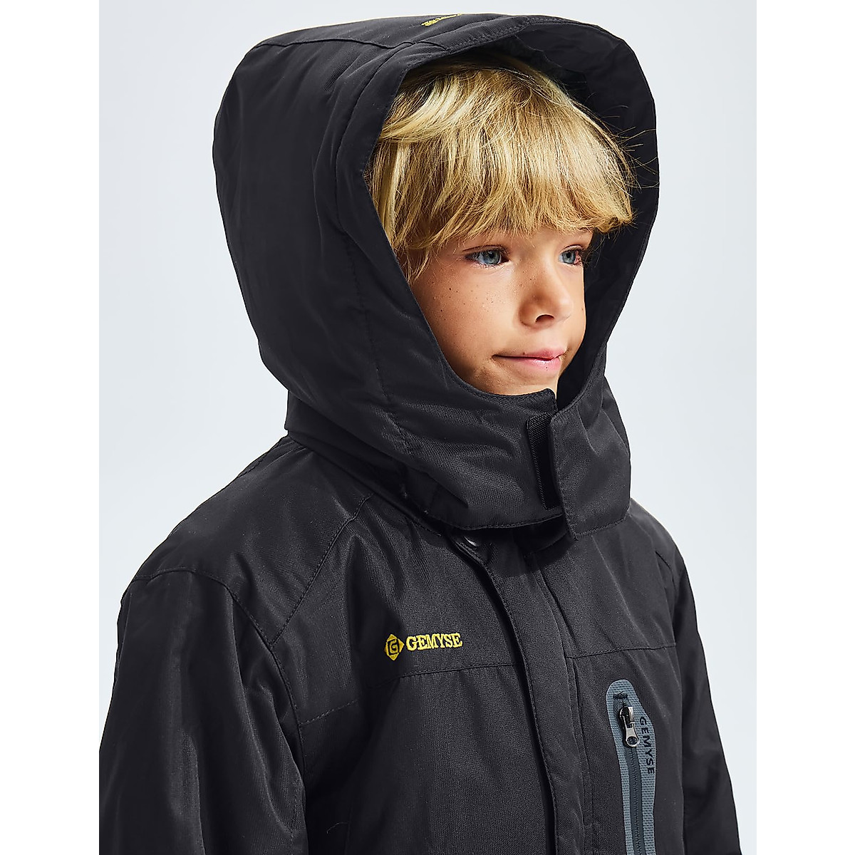 GEMYSE Boy's Waterproof Ski Snow Jacket Hooded Fleece Lined Windproof Winter Jacket (Black,10/12)