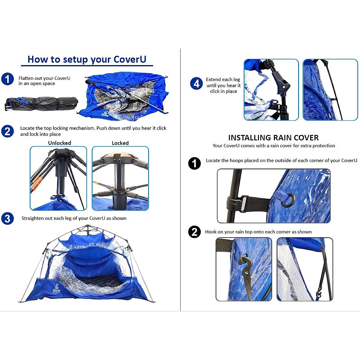 CoverU Sports Tent Pod – Pop Up 2 Person Cold Climate Canopy Shelter – BLUE – Patented