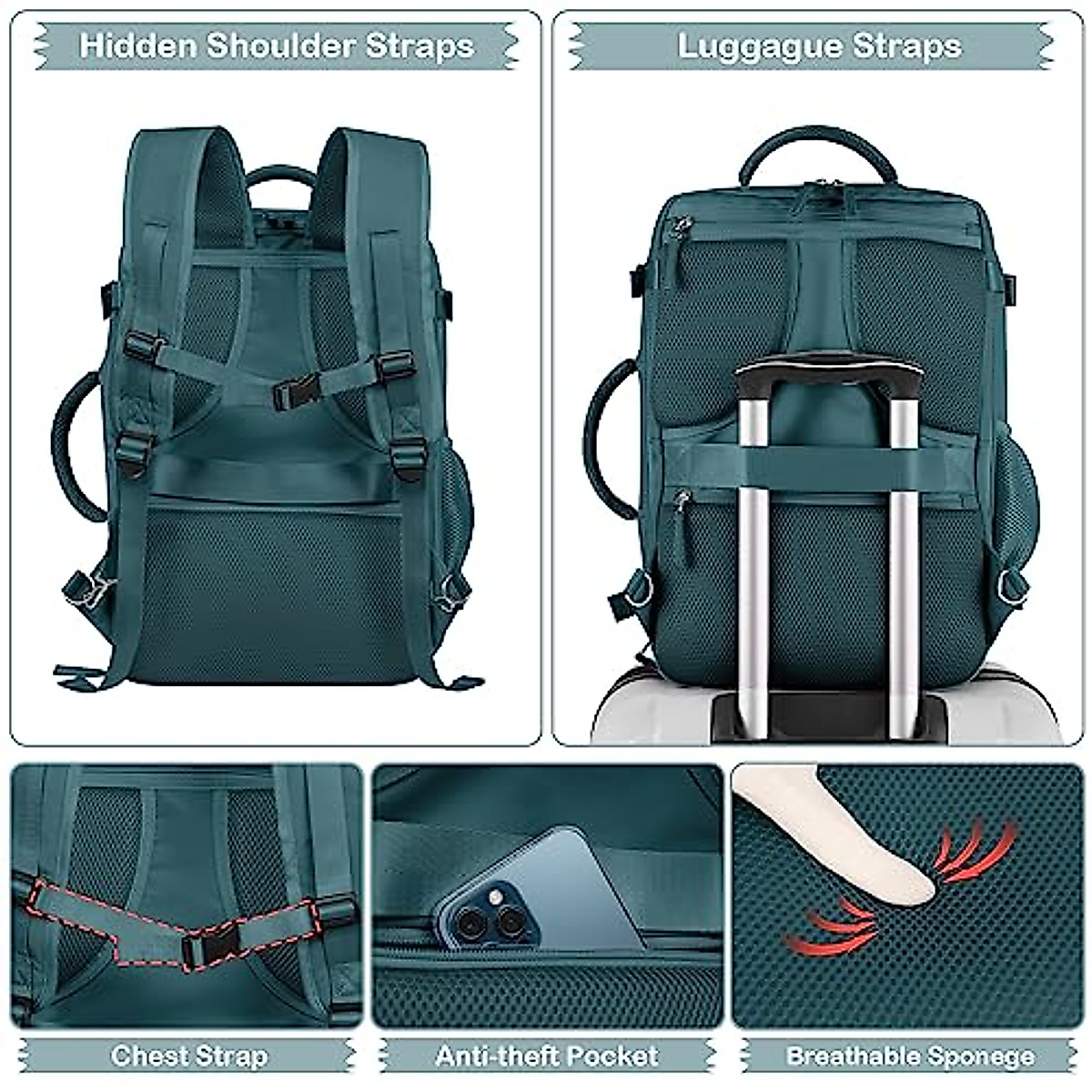 Hanples Extra Large Travel Backpack for Women as Person Item Flight Approved, 40L Carry On Backpack, 17 Inch Laptop Backpack, Waterproof Backpack, Hiking Backpack, Casual Bag(Peacock Blue)