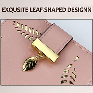 VODIU Women's Short Purse Leather Medium Wallet Leaf Bifold Card Coin Holder Small Purses Buckle Zipper Clutch