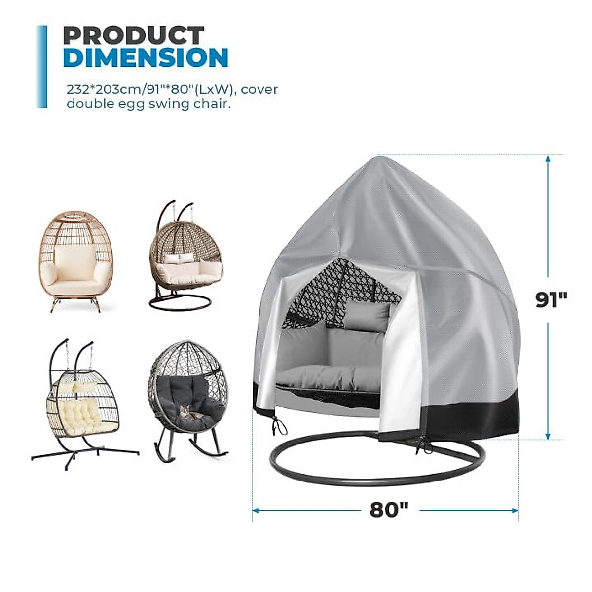 Patio Hanging Double Egg Chair Cover, 91x80 Inches Extra Large Waterproof Double Egg Chair Cover for Outdoor Furniture, Heavy Duty Swing Hanging Egg Chair Cover for Outdoor Porch Wicker Egg Chair