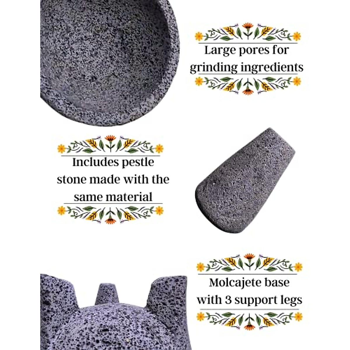 LINDO Brand 8.6 inch Molcajete Mortar and Pestle, Mexican Handmade with Lava Stone,Herb Bowl, Spice Grinder, Pill Crusher, Pesto Powder, Volcanic Stone