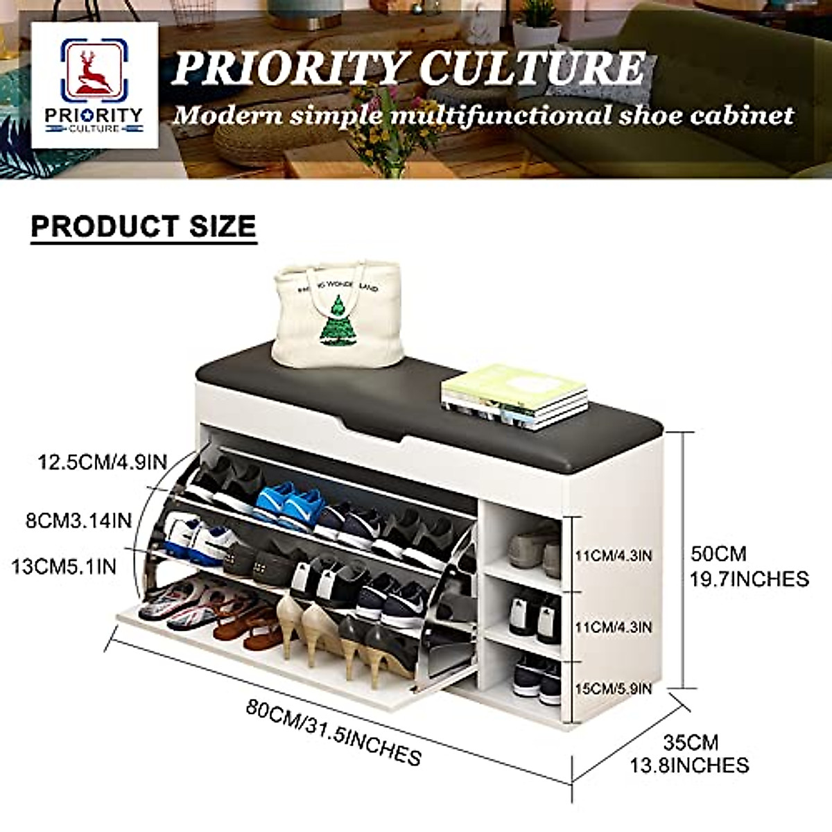 Priority Culture Shoe Rack Bench with Storage and Cushion, Shoe Rack Bench Tipping Bucket Shoe Cabinet, Leather Entryway Shoe Bench Seat Shoe Organizer Shoe Cabinet, No Installation Required