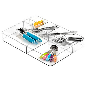 mDesign Modern Plastic Kitchen In-Drawer Cutlery and Utensil Organizer Tray Box for Kitchen Drawers/Pantry - Holds Knives, Spoons, Forks in Angled Compartments - 7 Sections - Clear
