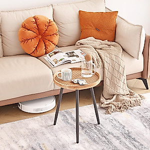 LITA Rattan Log Desktop Round Side End Table, Nightstand/Small Tables, Indoor Outdoor Wooden Tray Table with Metal Stand End Table for Living Room Bedroom Office Small Spaces