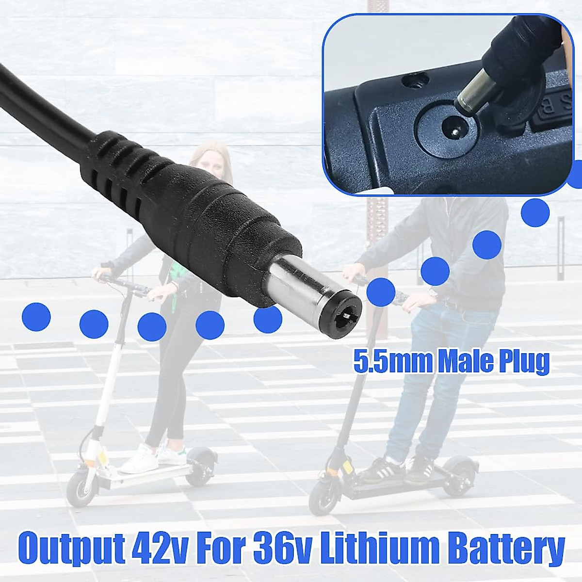 Electric Bike Charger, 42V 2A Electric Bike Lithium Battery Charger Electric Scooter Charger Ebike Charger Replacement Power Adapter for 36V Lithium Battery 5.5mm Port Male Plug Inline Connector