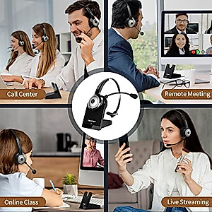 TECKNET Bluetooth 5.0 Wireless Headset with AI Noise Cancelling Microphone and Charging Base for Laptop, On Ear Bluetooth Headphone Telephone Headset for PC, Cell Phone, Skype, All Day Battery Life