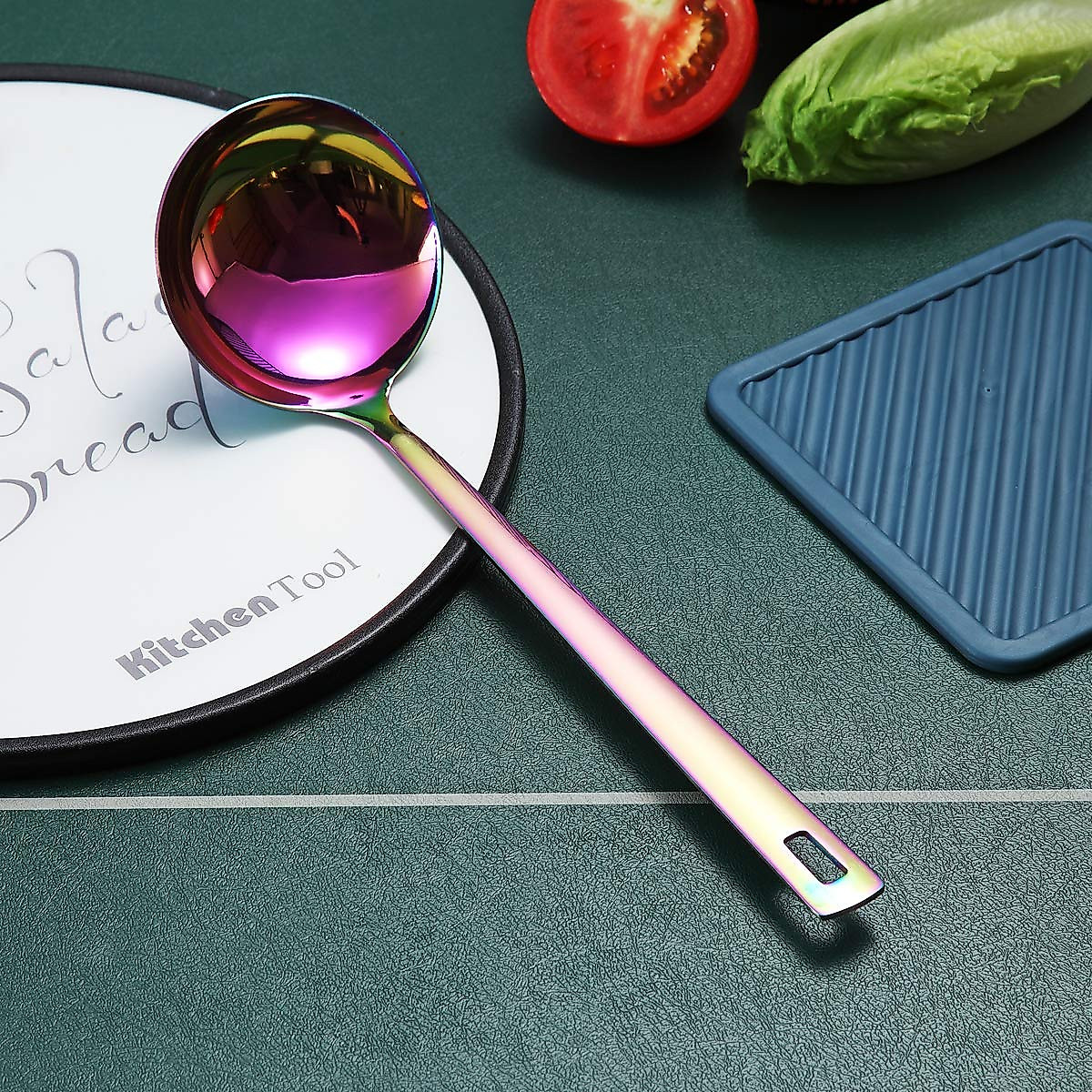 HOMQUEN Ladle, Stainless Steel Kitchen Ladle with Titainium Rainbow Plating, Soup Ladle, Cooking Ladle, Metal Soup Spoon for Cooking, Dishwasher Safe