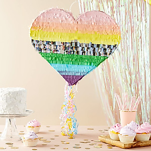 Sparkle and Bash Pull String Rainbow Heart Pinata for Pastel Birthday Party Decorations (Small, 15.7 x 13 x 3 In)