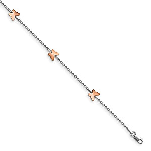 Solid 14K White and Rose Gold Butterfly 1in Extension Anklet - with Secure Lobster Lock Clasp 9.5" (Width = 1mm)