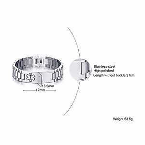 VNOX Customize Medical Emergency Jewelry 15.5MM Wide Metal Stainless Steel Watchband Link Bracelet,8.5" (Silver, *Custom Engraving)