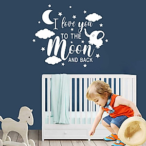 DDK I Love You to The Moon and Back Elephant Baby Kids Wall Decals Moon Stars and Clouds Space Wall Art Decals (White)