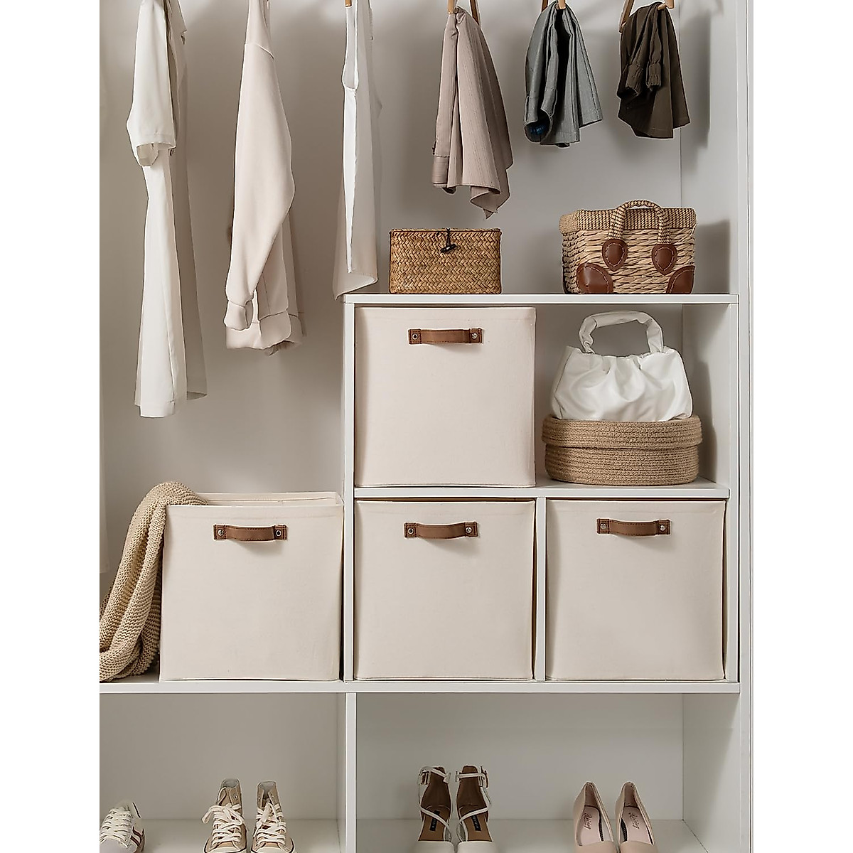 StorageWorks 13x13 Storage Cubes, Collapsible Storage Bins Organizer for Closet, Fabric Storage Box with PU Handles, Beige, 6-Pack