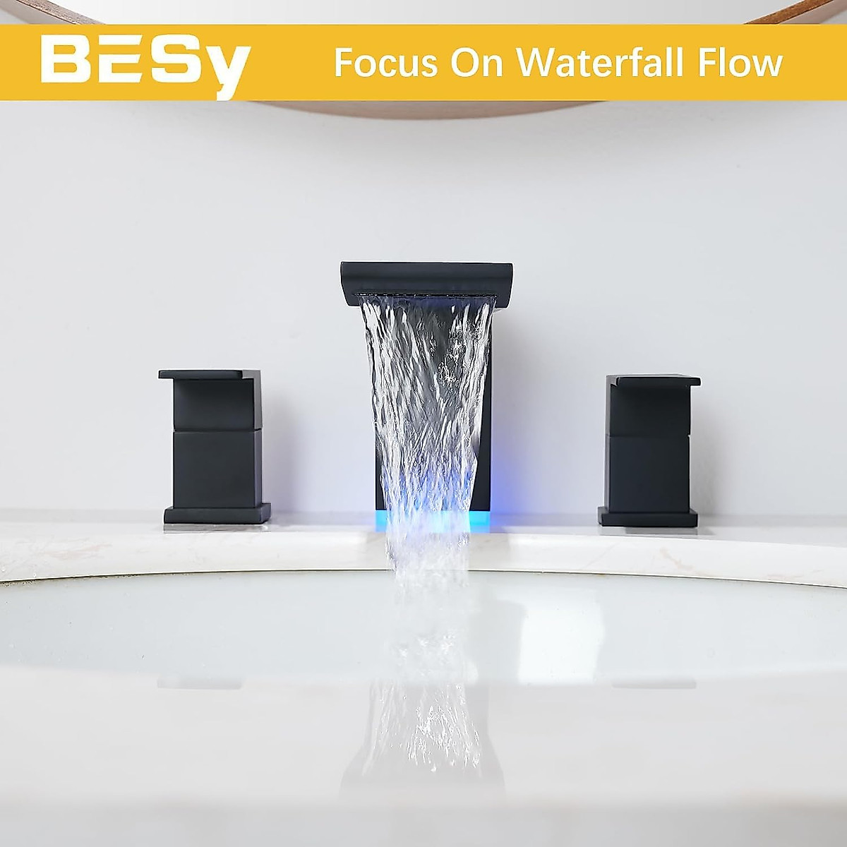 BESy Led 3 Hole Bathroom Sink Faucet, Matte Black Waterfall Wide Spread Bathroom Faucet with 3 Colors Light Changing, Widespread Vanity Faucet 2 Handle with Supply Lines with Pop Up Drain
