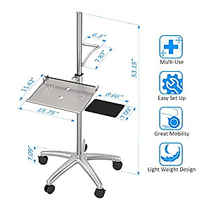 Aluminum Mobile Laptop Cart on Wheels, Height Adjustable Rolling Laptop Stand with Mouse Tray, Mobile Computer Workstation for Home, Office, School and Hospital