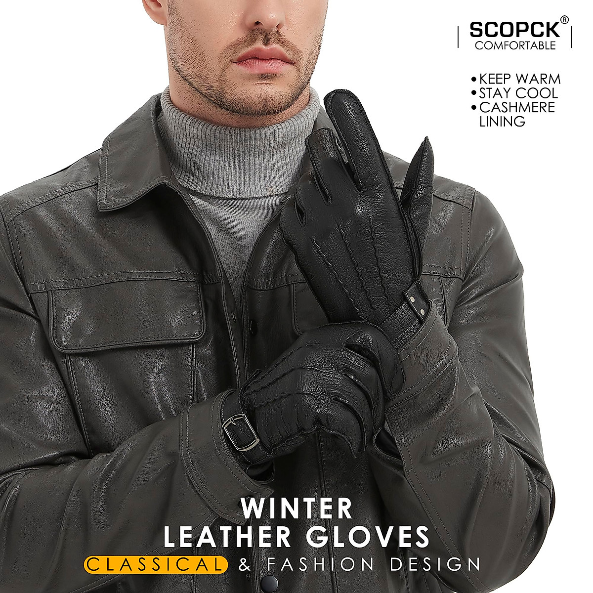 Genuine Sheepskin Leather Gloves for Men, Winter Warm Touchscreen Texting Driving Motorcycle Cashmere Lined Gloves (Black, L)