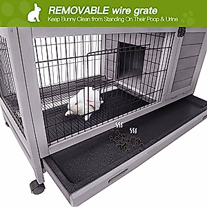 Indoor Rabbit Hutch Bunny Cage with 4 Casters, Bunny Hutch -Removable Wire Grate