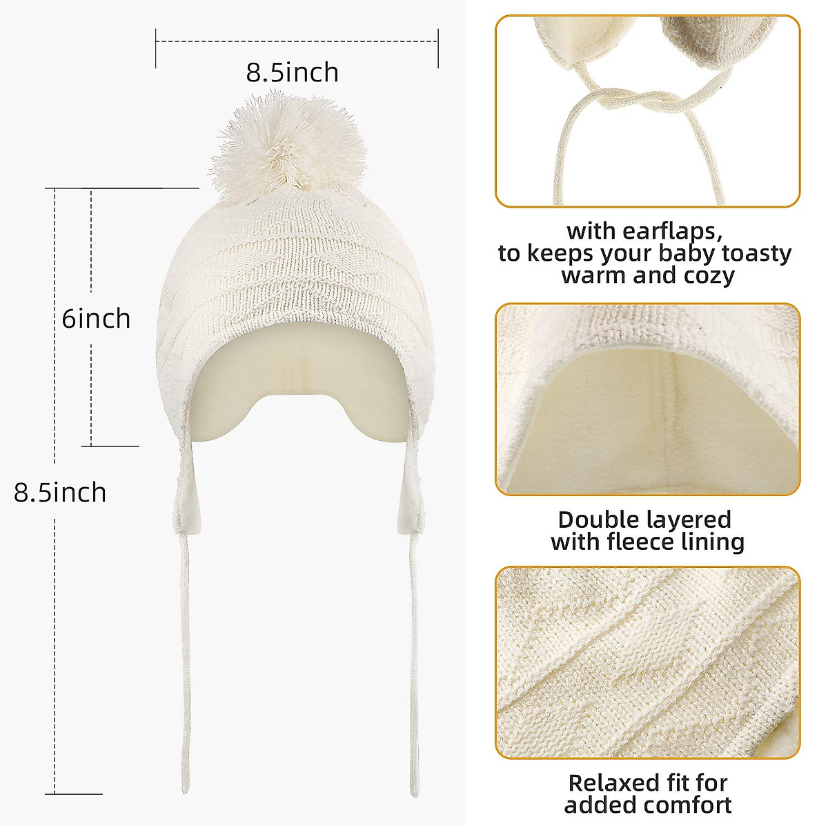 Winter Toddler Hat and Mittens Knit Earflap Hat and Fleece Mitten Gloves Set for Baby Boys Girls (White, 1-3 Years)