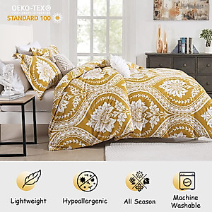 Bedduvit Yellow Damask Duvet Cover Queen Size - 100% Cotton Queen Fluffy Duvet Cover Set, Breathable Soft Paisley Pattern Bedding Comforter Cover with Zipper Closure & 8 Ties, 90"x90"