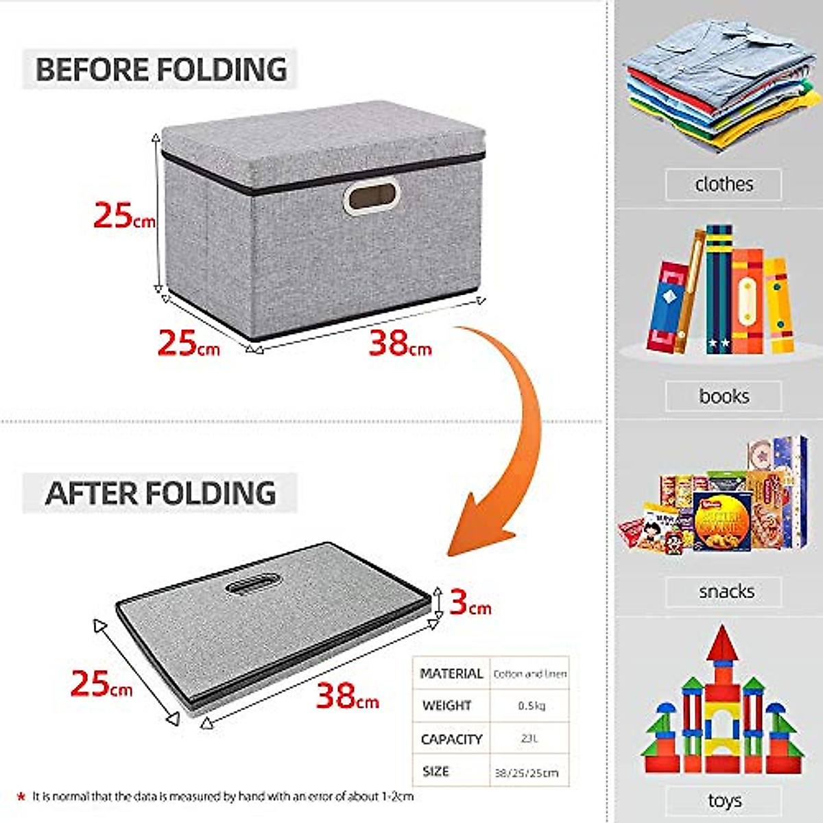 Foldable Fabric Storage Bins with Lids [3-Pack]with Removable Lid and Handles Fashionable Decorative Collapsible Linen Storage Box Used For Clothes Toys Books Home Closet Bed room Office