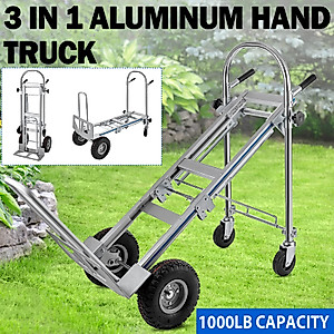 TOPDEEP 3in1 Aluminum Hand Truck,Convertible Hand Truck Dolly Large Size 1000 lb Capacity, Utility Cart Converts from Hand Truck to Platform Cart with 10" Hi Tech Rubber Wheels