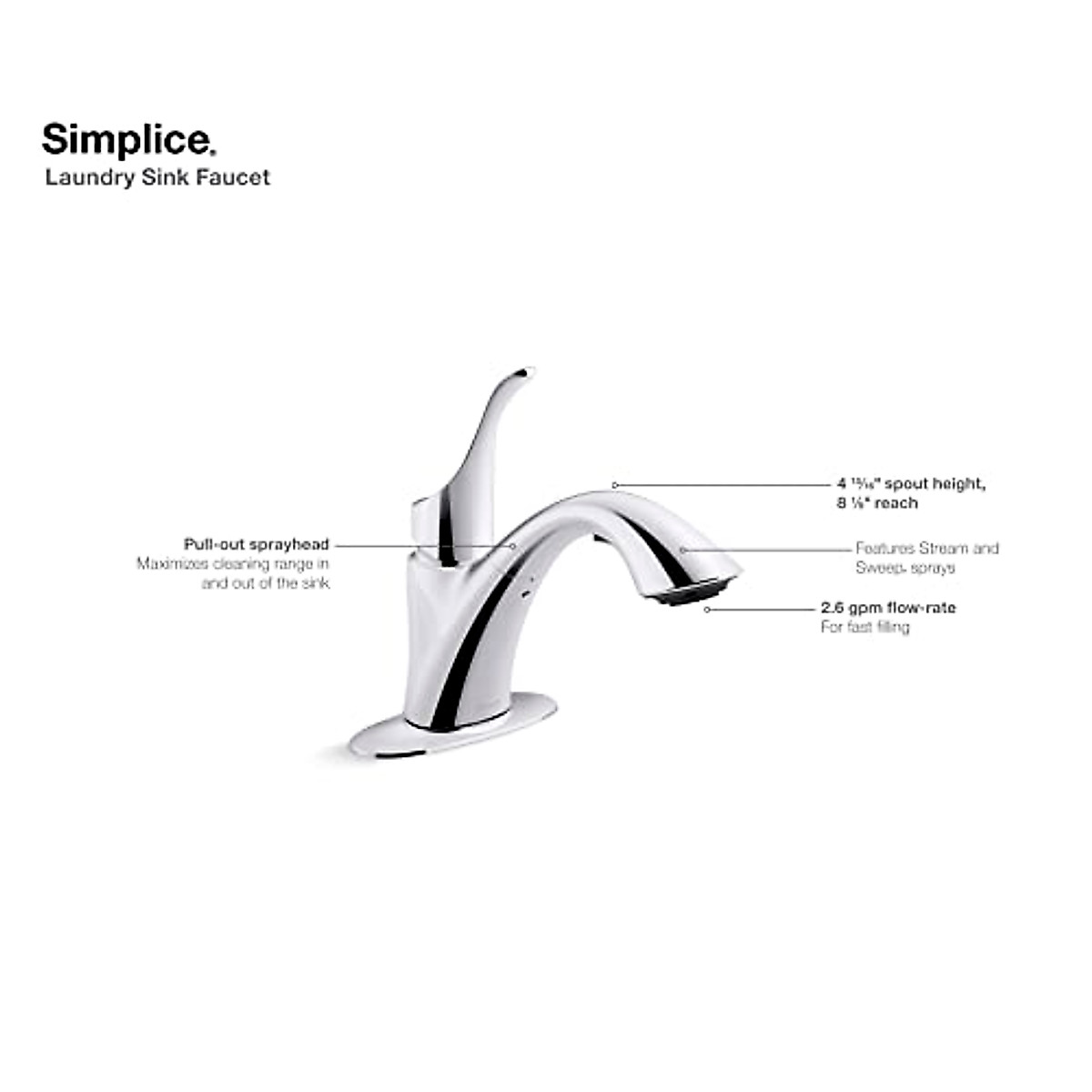 KOHLER K-22035-CP Simplice Laundry Sink Faucet, Single Handle, Pull Down Faucet , 2-function Spray Head, 3-hole Install, Utility Sink Faucet in Polished Chome