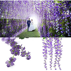 6 Pieces Wisteria Artificial Flower 45 inch Bushy Silk Vine Ratta Hanging Garland Hanging for Wedding Party Garden Outdoor Greenery Office Wall Decoration (Pruple Blue(6 pcs))