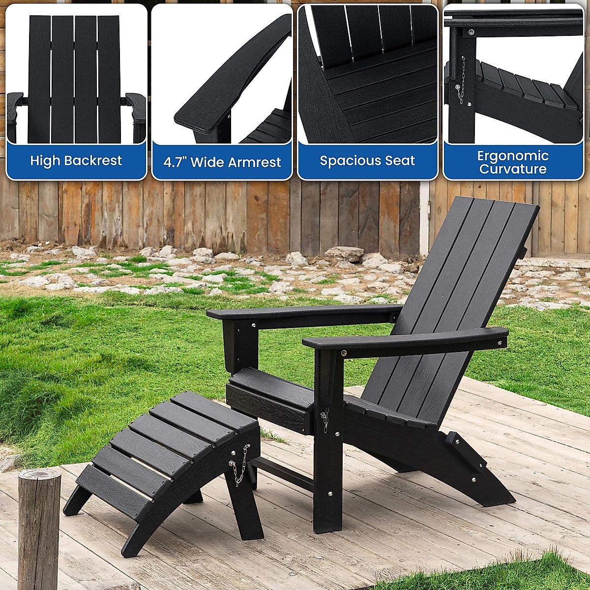 Folding Adirondack Chair with Ottoman Weather Resistant Foldable Fire Pit Chairs with Footrest HDPE Outdoor Adirondack Chair for Patio Front Porch Pool Garden Deck Fire Pit Outside, Black