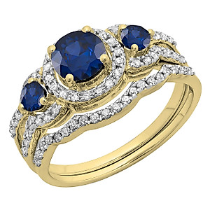 Dazzlingrock Collection Round Blue Sapphire & White Diamond Ladies 3 Stone Halo Wedding Ring Set 10K Yellow Gold, Size 5.5