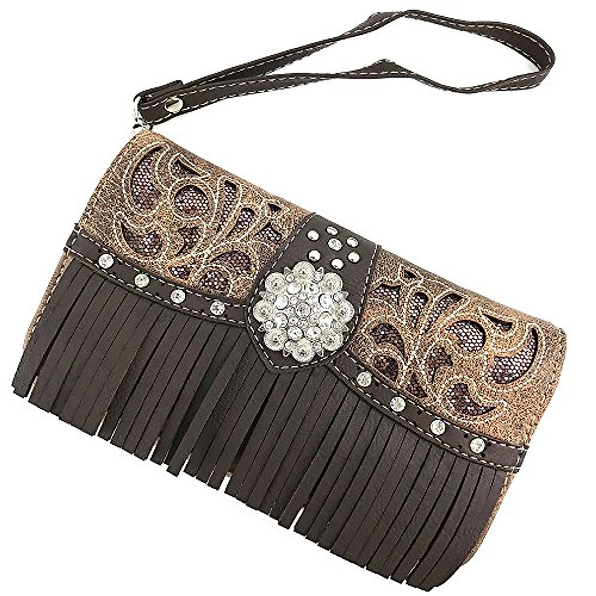 Justin West Rhinestone Concho Western Laser Cut Tooled Wristlet Wallet Shoulder Handbag Purse (Brown Purse and Wallet)