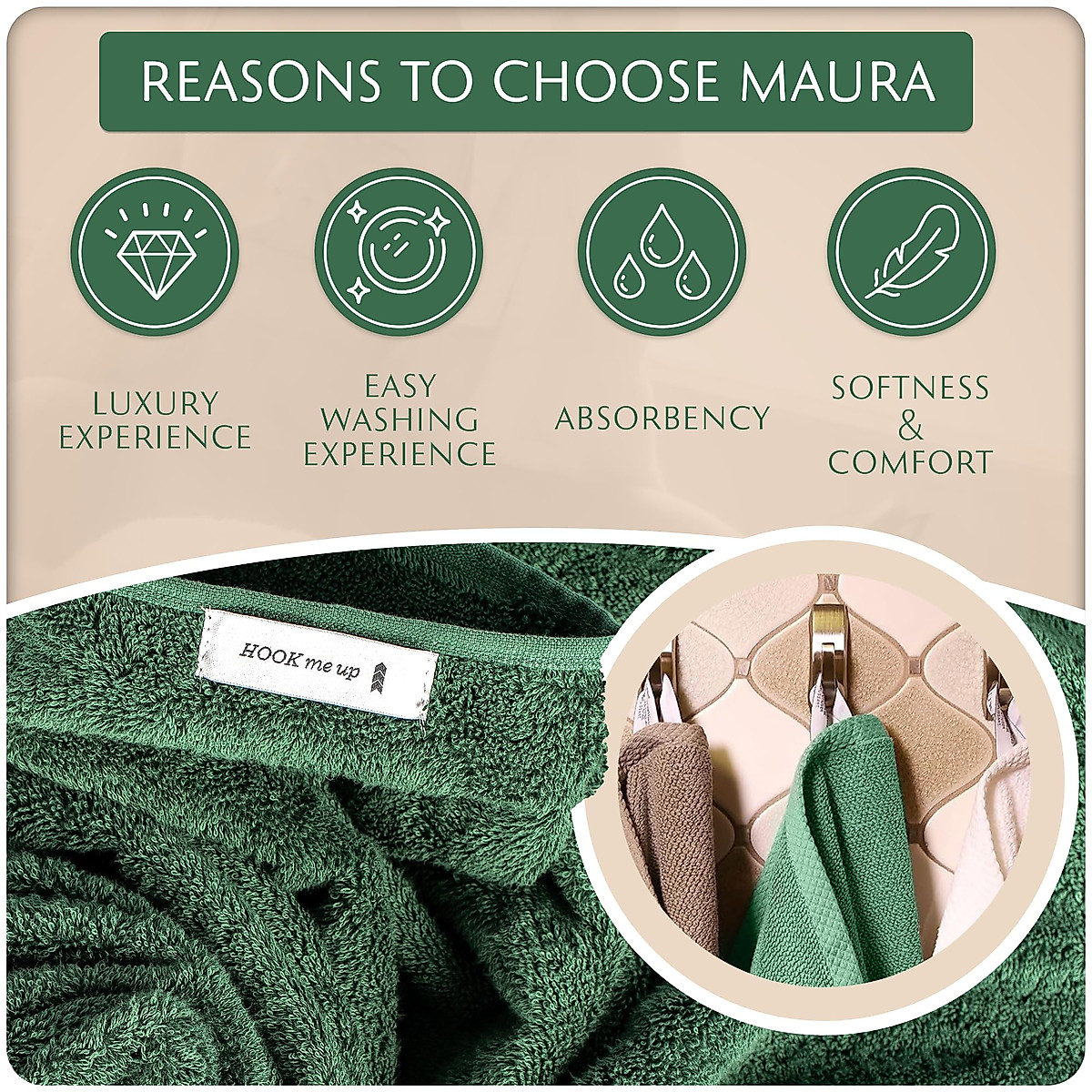 MAURA Basics Performance Bath Towels 100% Turkish Cotton with Hook Loops. Extra Large Luxury Absorbent Plush Towel Sets for Bathroom, Daily Use American Standard Size 27”x54”, Hunter Green
