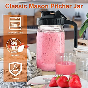 Mason Jar Pour Spout Lid - 32oz Black Glass Pitcher with Lid & Mixing Spoon Food Grade and Safe, 1 Quart Sturdy Wide Mouth Nice for Breastmilk, Drink, Iced Tea, Juice