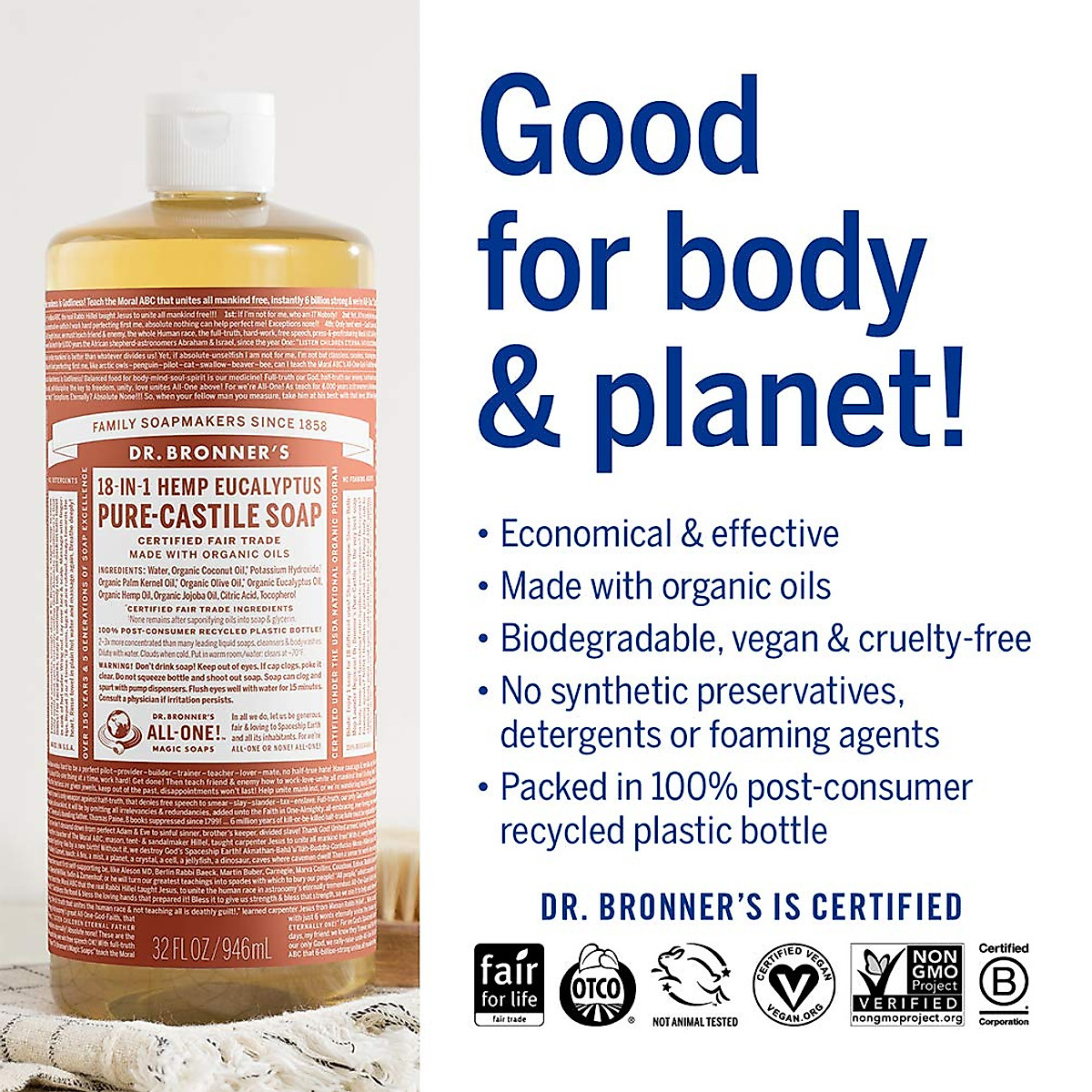 Dr. Bronner's - Pure-Castile Liquid Soap (Eucalyptus, 32 ounce, 2-Pack) - Made with Organic Oils, 18-in-1 Uses: Face, Body, Hair, Laundry, Pets and Dishes, Concentrated, Vegan, Non-GMO