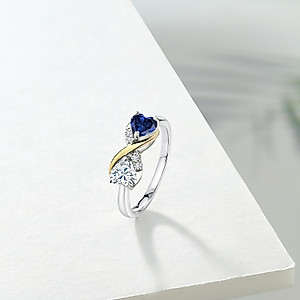 925 Sterling Silver and 10K Yellow Gold Heart Shape Blue Created Sapphire and Forever Classic Moissanite from Charles & Colvard Ring For Women (1.04 Cttw, Available in size 5, 6, 7, 8, 9)