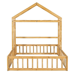 Bellemave Full Size Floor Bed for Kids, Girls, Boys, Wood House Bed with headboard, Full Size Montessori Floor Bed with House Shape Headboard, Kids Floor Bed with Storage, Natural