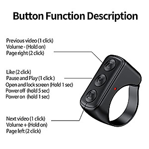 SOFAMIRI TIK Tok Bluetooth Remote Control Page Turner TikTok Kindle App Remote Scrolling Ring clicker for iPhone iPad Camera Remote Shutter Selfie Button (Black)